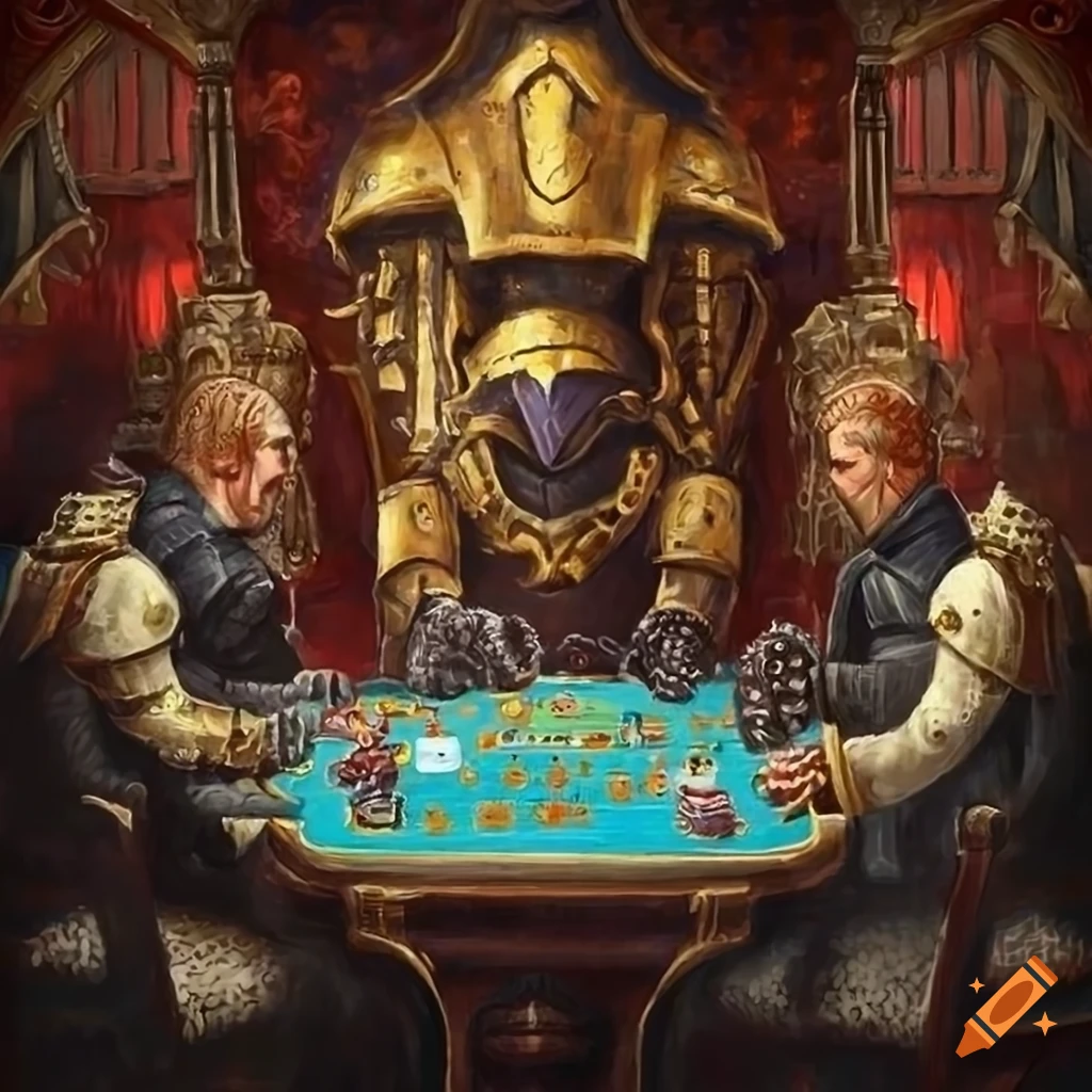 Renaissance painting of space knights playing poker around a table with ...
