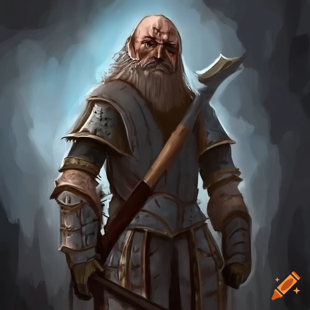 Heroic fantasy old human guard in armor looking tired on Craiyon