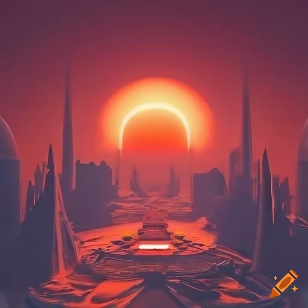 Red sun setting over Martian architecture and towering spires on Craiyon