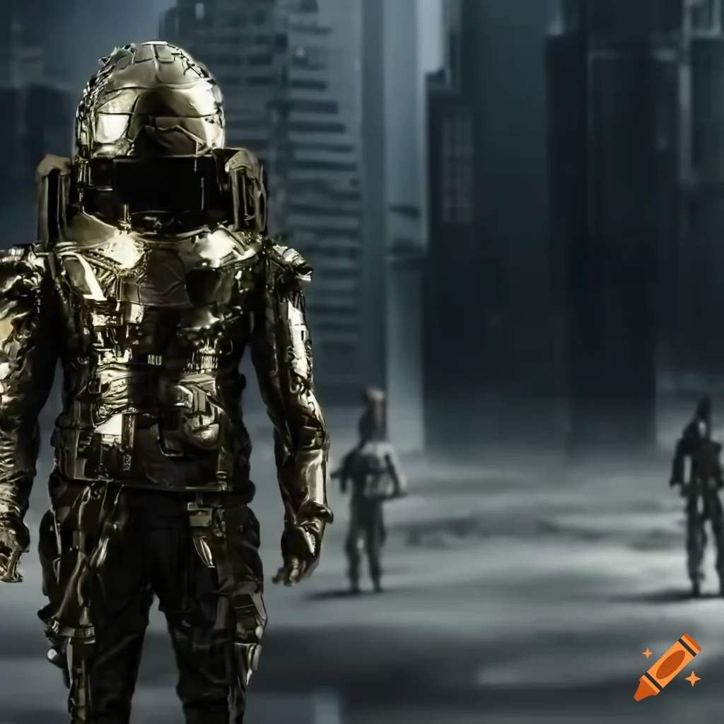 Futuristic android with modern weapons and human soldiers in a ...