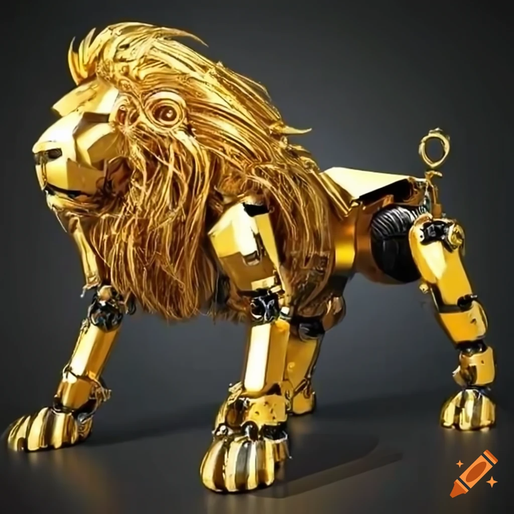 Intricately detailed mechanical golden robotic lion with glowing eyes ...