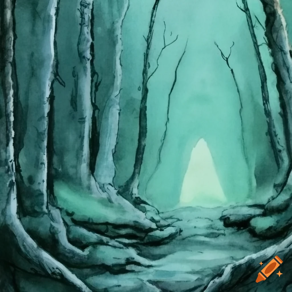 Frozen white and green woods in an old drawing style inspired by magic ...