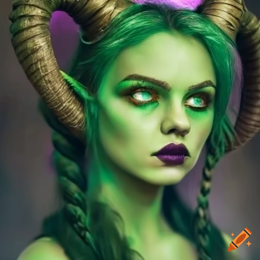Beautiful green goblin girl with emerald eyes and wooden ram horns in ...