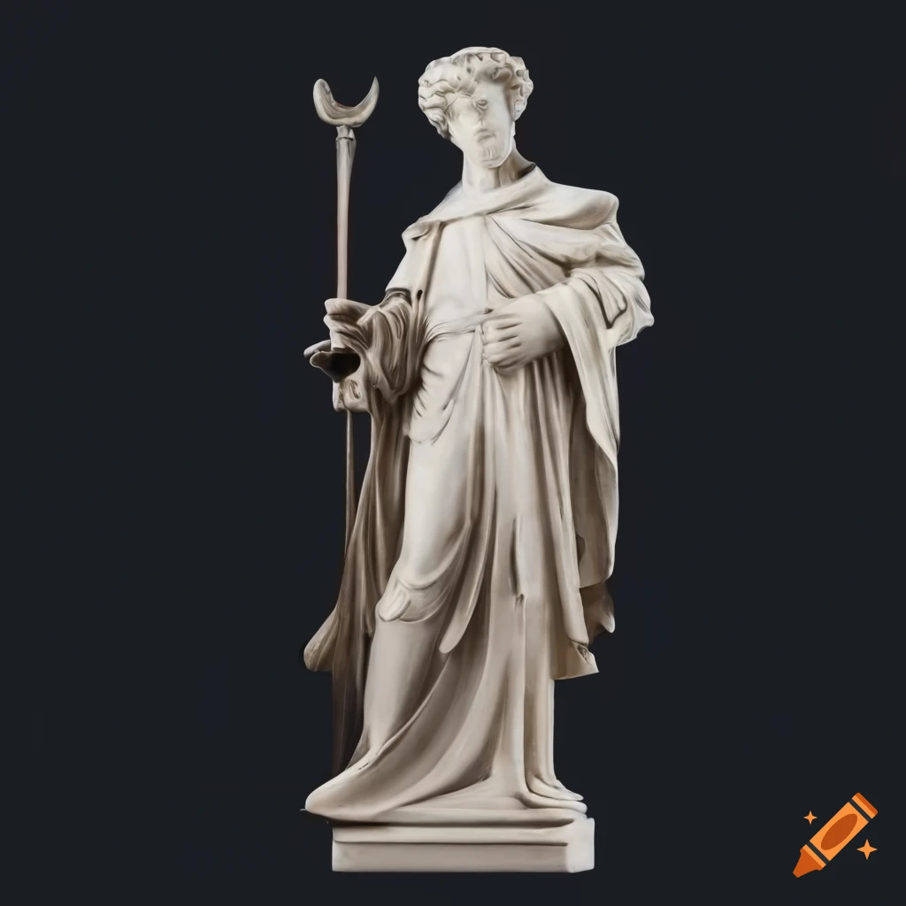 Marble statue of a medieval baron holding a scroll on black background ...