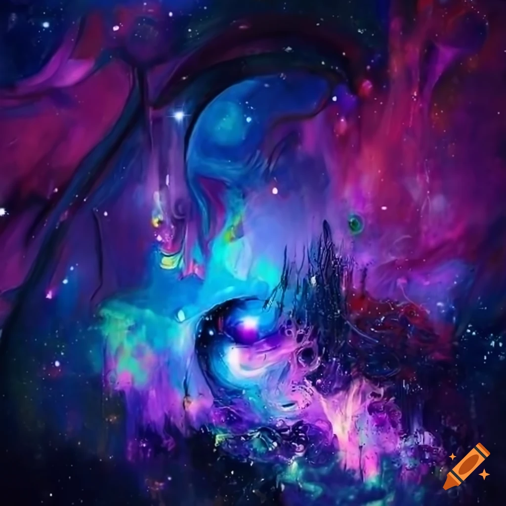 Galactic abyss with a blue-violet galaxy in a rose painting by various artists on Craiyon