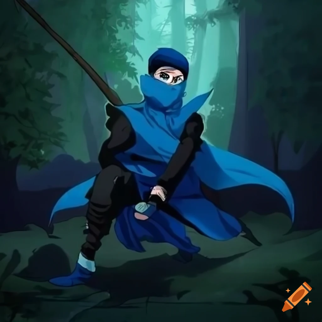 Blue ninja in the woods in anime style on Craiyon