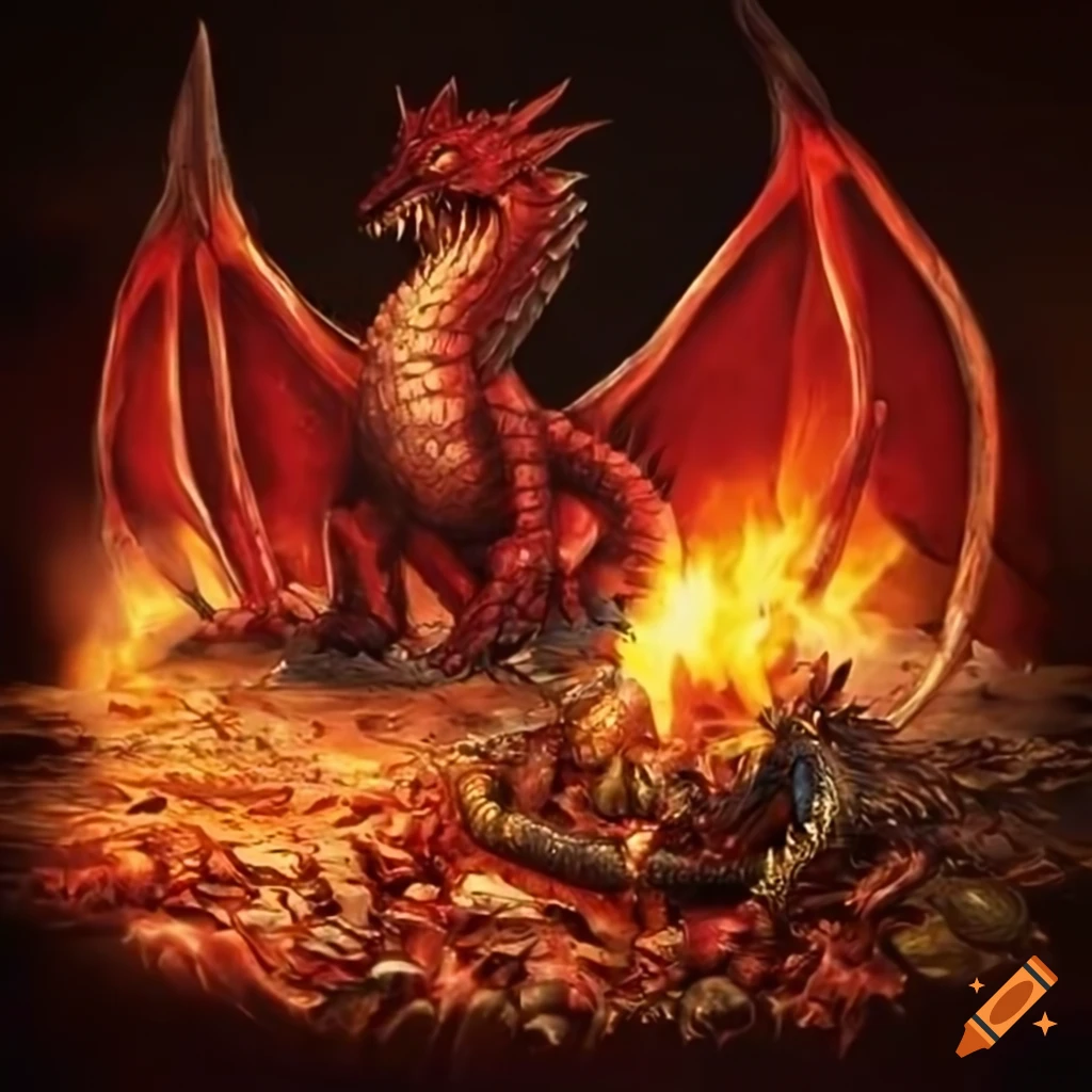 Fiery red dragon on a treasure hoard on Craiyon