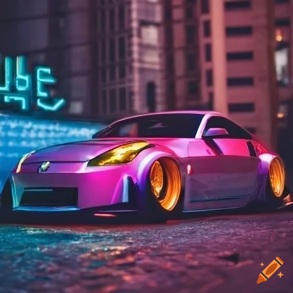 Custom Nissan 350z in the city with neon lights reflecting off the car ...
