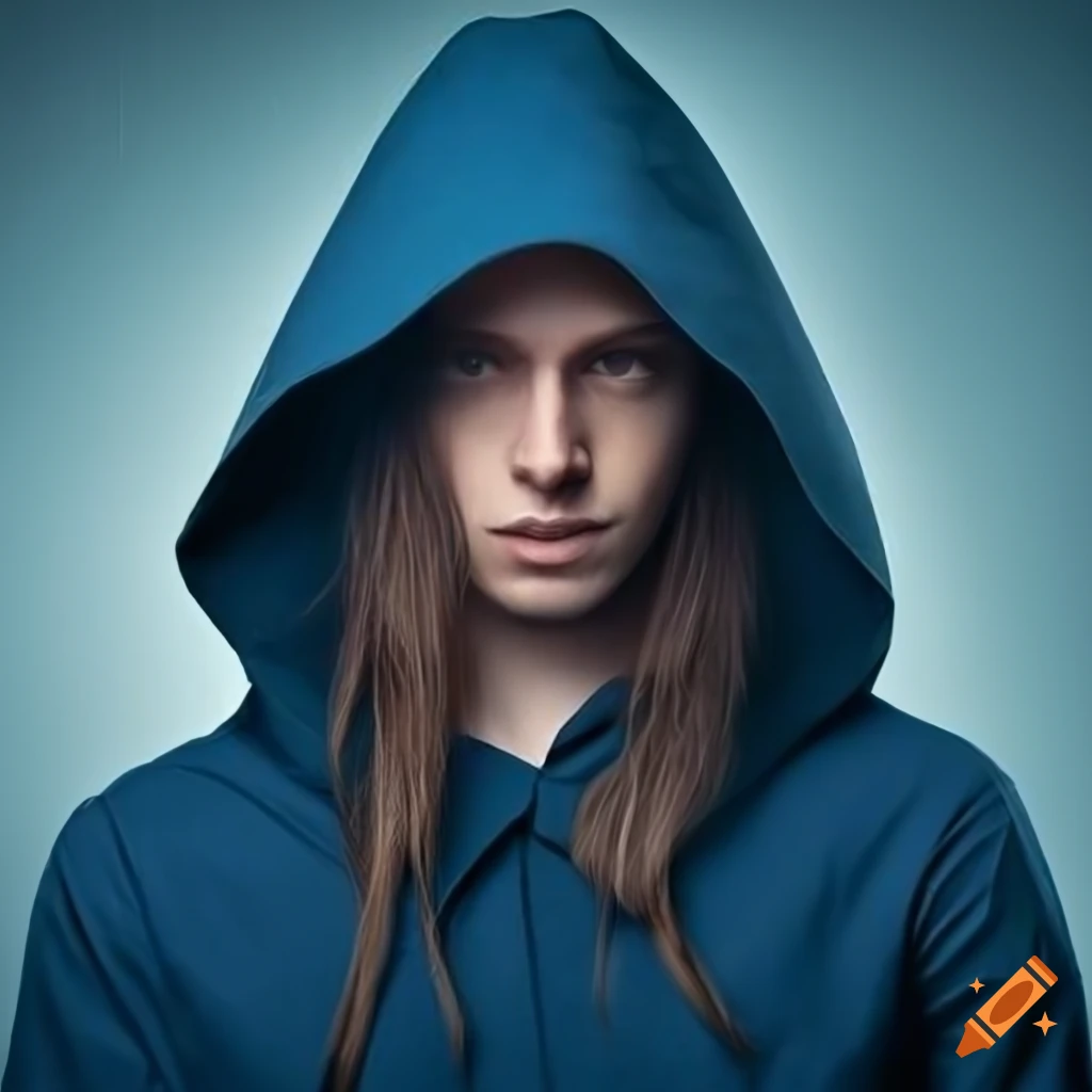 Man with long hair wearing a dark blue hooded cape on Craiyon