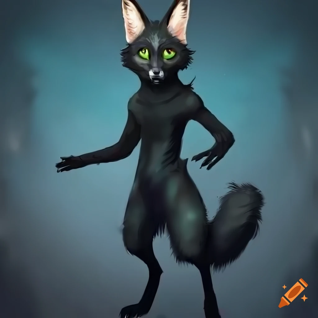 Anthropomorphic black fox with green eyes in Stellaris art style on Craiyon