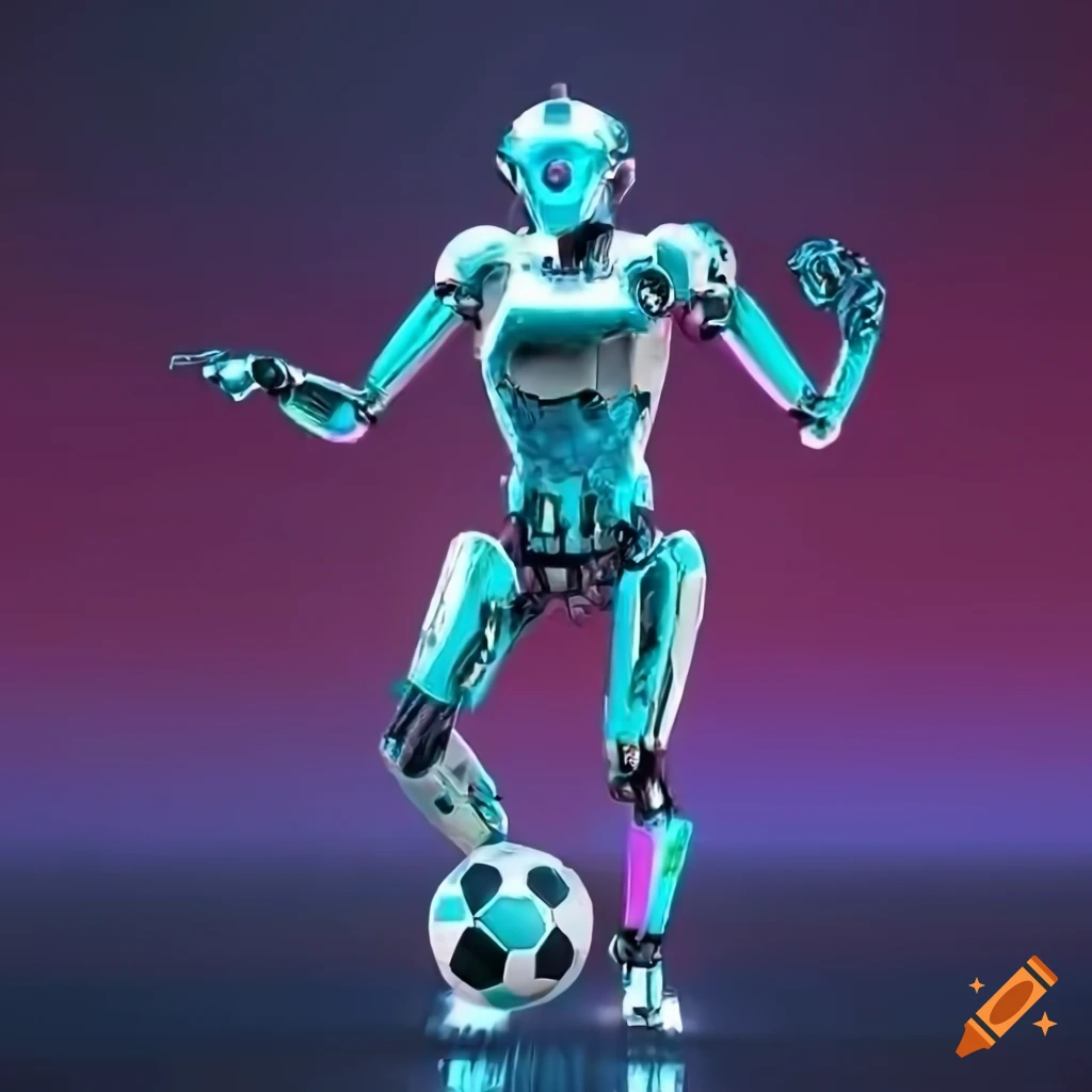 Football playing robot with rainbow chrome in a cyberpunk setting on ...
