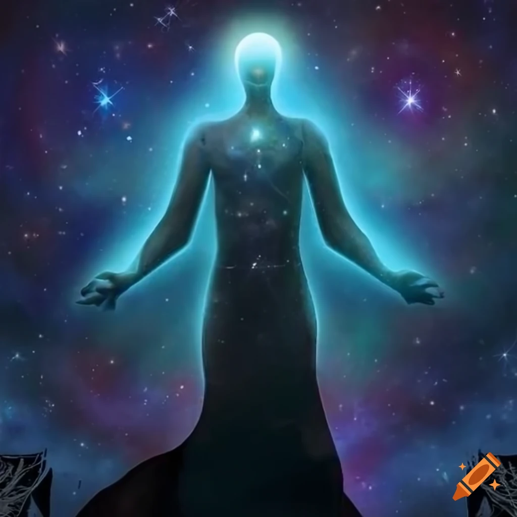 Cosmic being of stars in humanoid form with a black cloak on Craiyon
