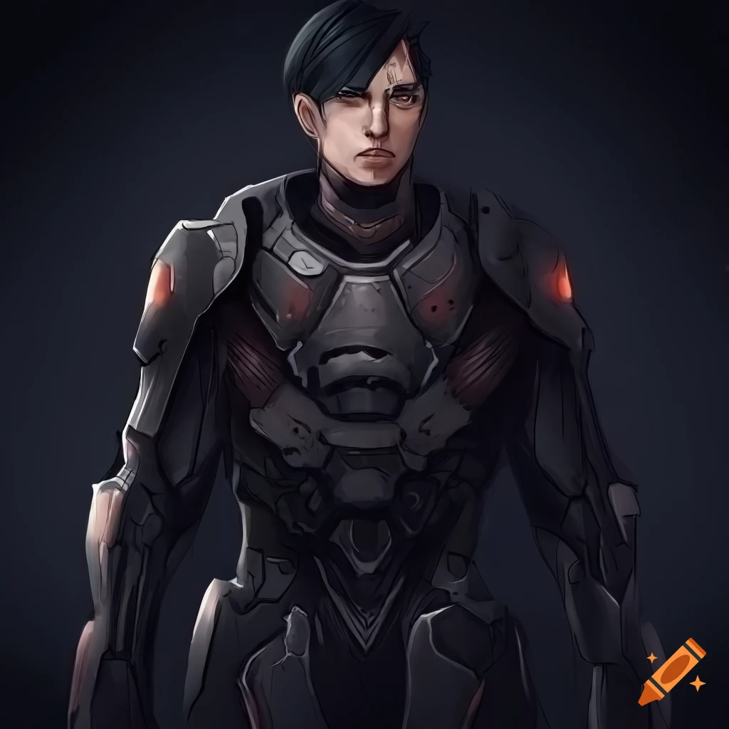 Sci-fi human with scars, black hair, and armor holding a sword in ...