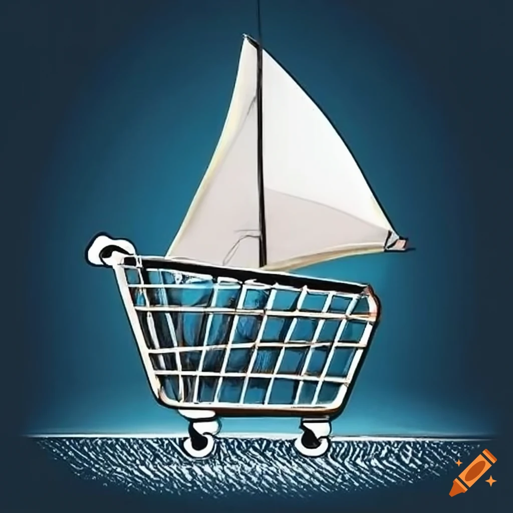 Shopping cart with a sail attached for sailing on Craiyon