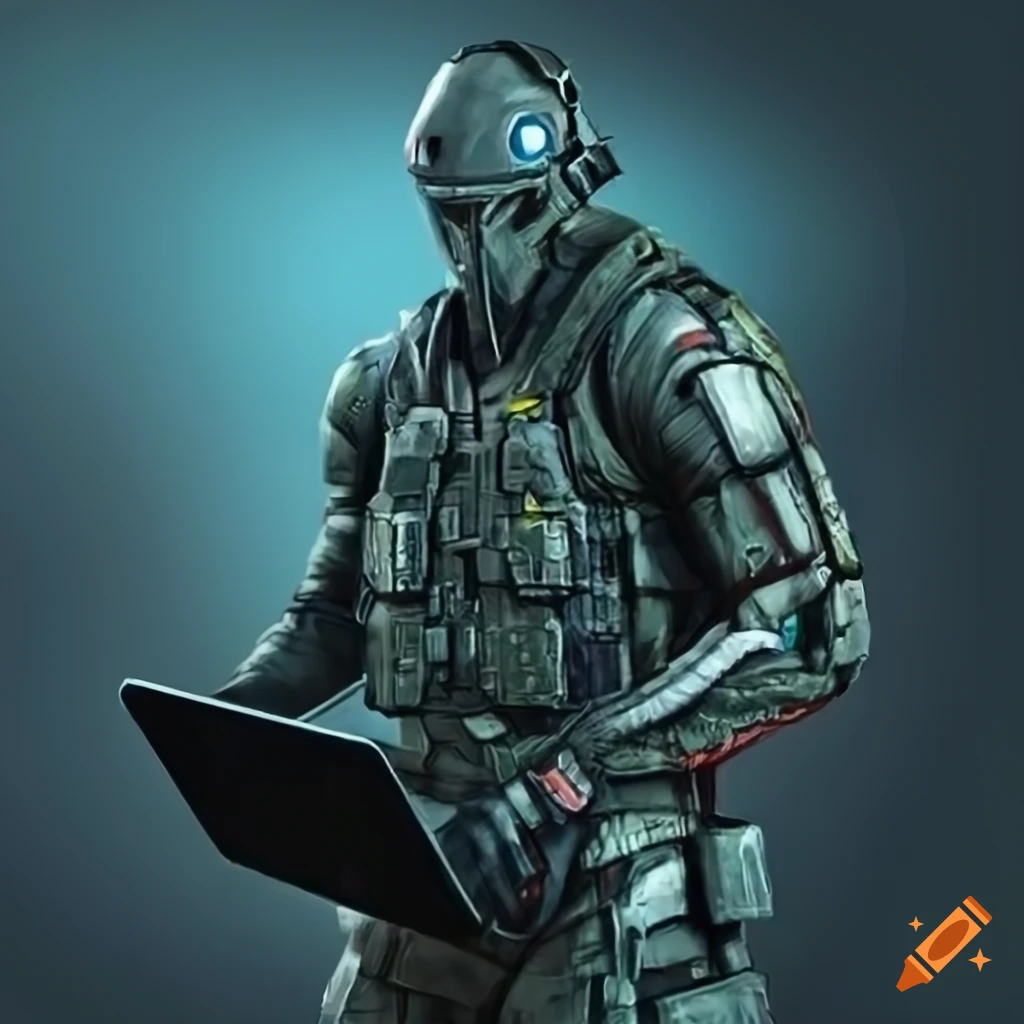 Cyber commando hacker with a tablet in a photo-realistic style on Craiyon