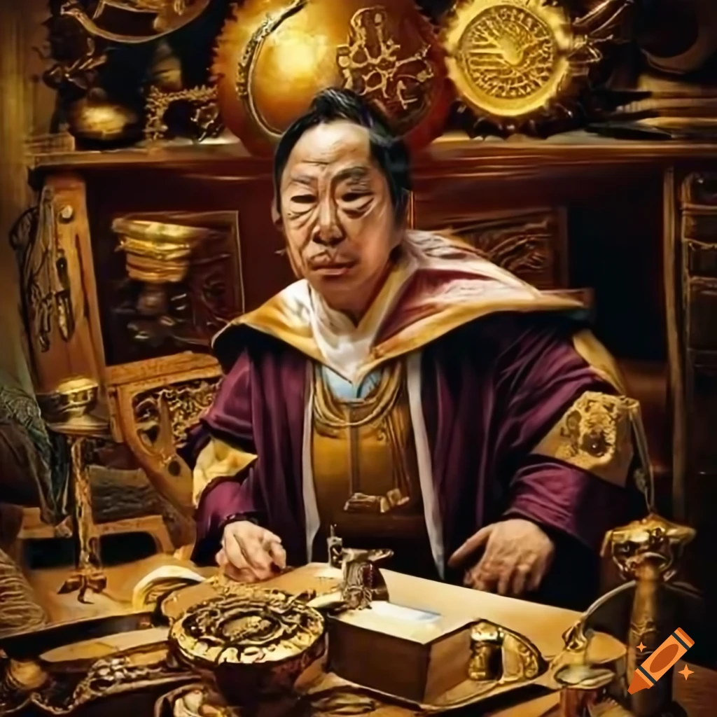 Japanese merchant surrounded by gold and steampunk gadgets on Craiyon