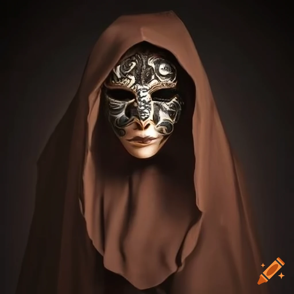 Brown floating cloak draped over an ornate mask on Craiyon