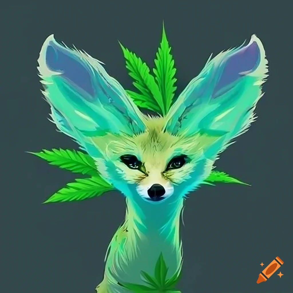 Magical fennec fox with vibrant fur and cannabis-inspired elements on ...