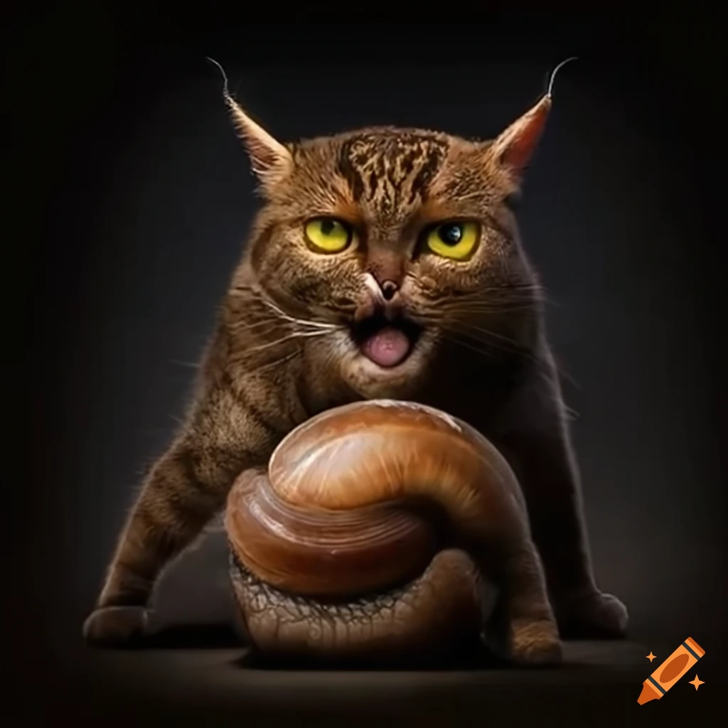 Armored cat battling a giant snail on Craiyon