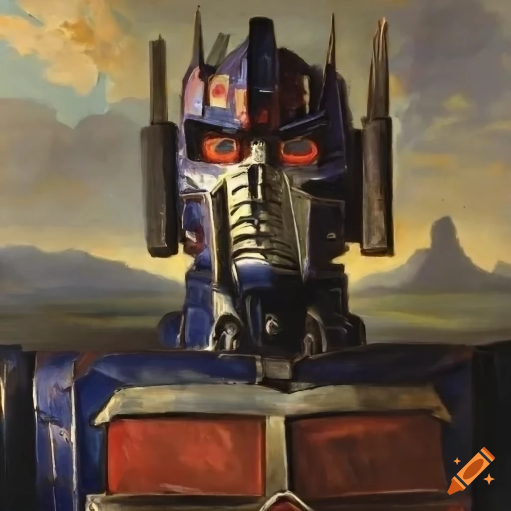 Oil painting portrait of Optimus Prime in a scenic landscape on Craiyon