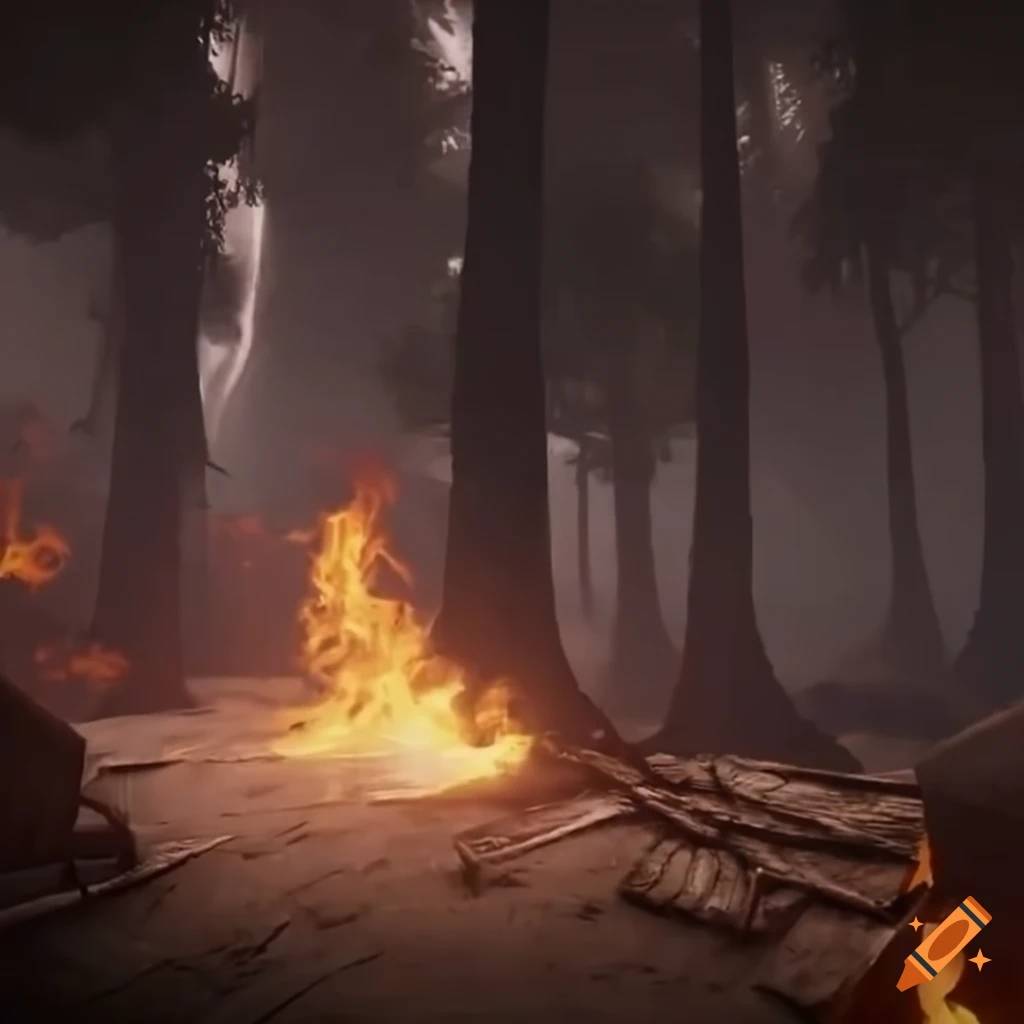 Fire and smoke on wood in a forest at night created in Unreal Engine 5 ...