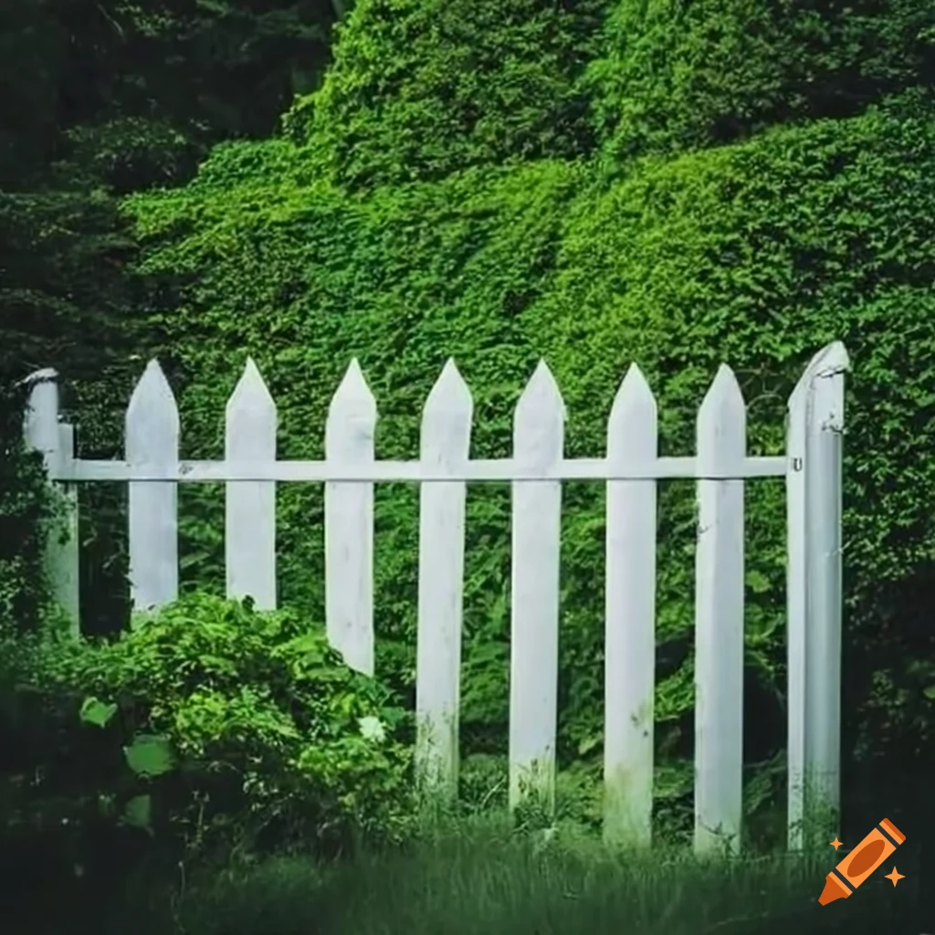 White pointed fence with lush green bushes on Craiyon