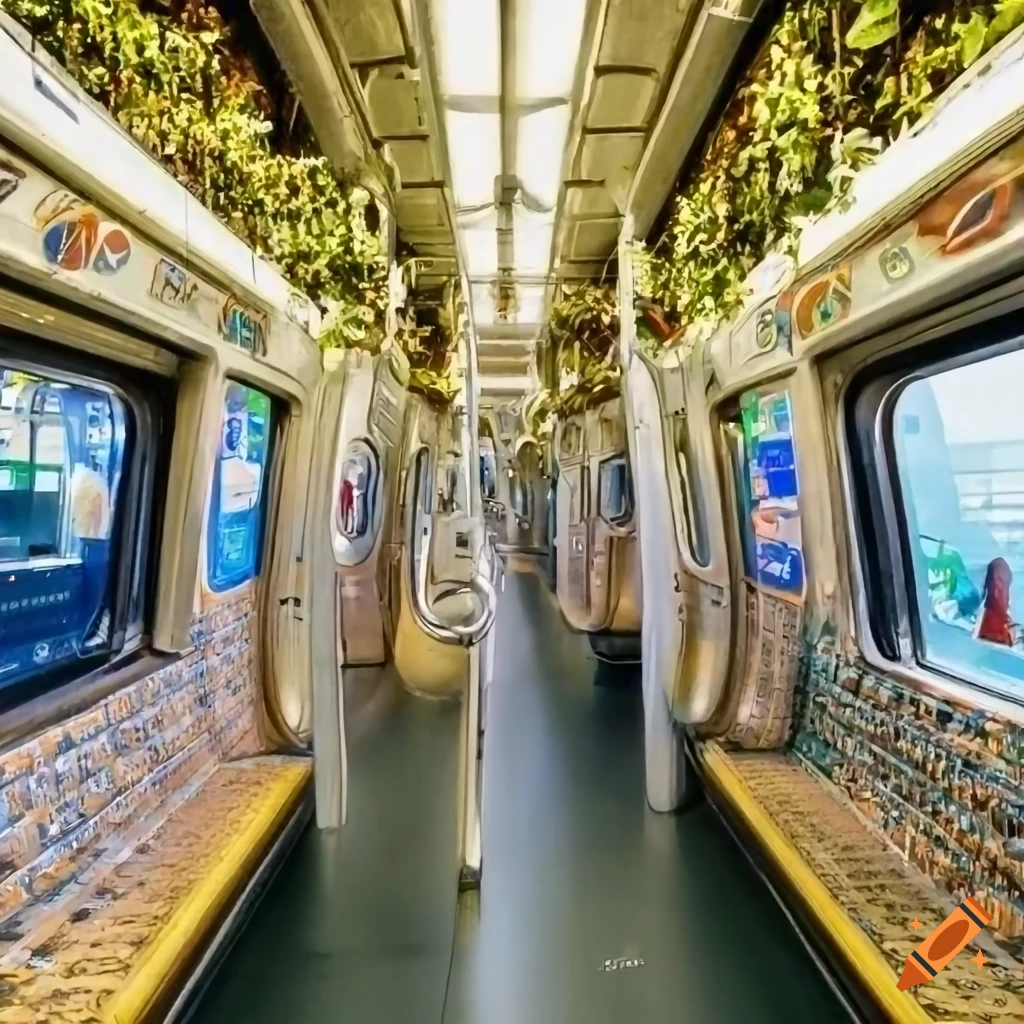 New york city mta train interior decorated as elmhurst, queens with elm trees and buildings on ...