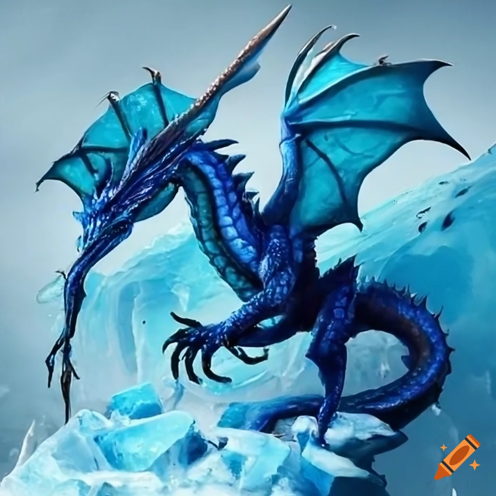 Icy blue dragon chewing on ice on Craiyon