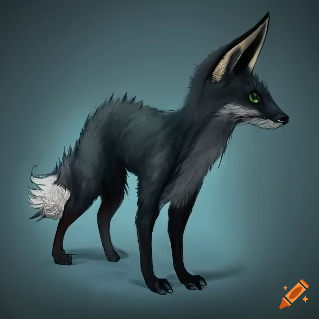 Anthropomorphic black fox with green eyes in Stellaris art style on Craiyon
