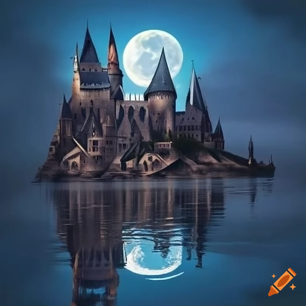 Hogwarts Castle floating on a serene lake under moonlight on Craiyon