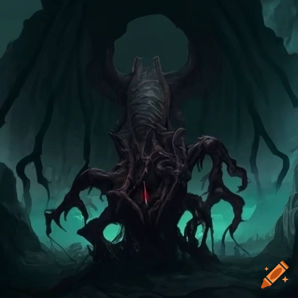 Dark chasm with giant creature lurking in depths on Craiyon