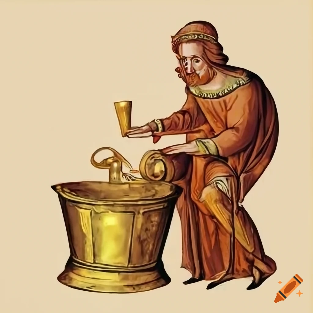 Medieval illustration of a man next to a golden bucket on Craiyon