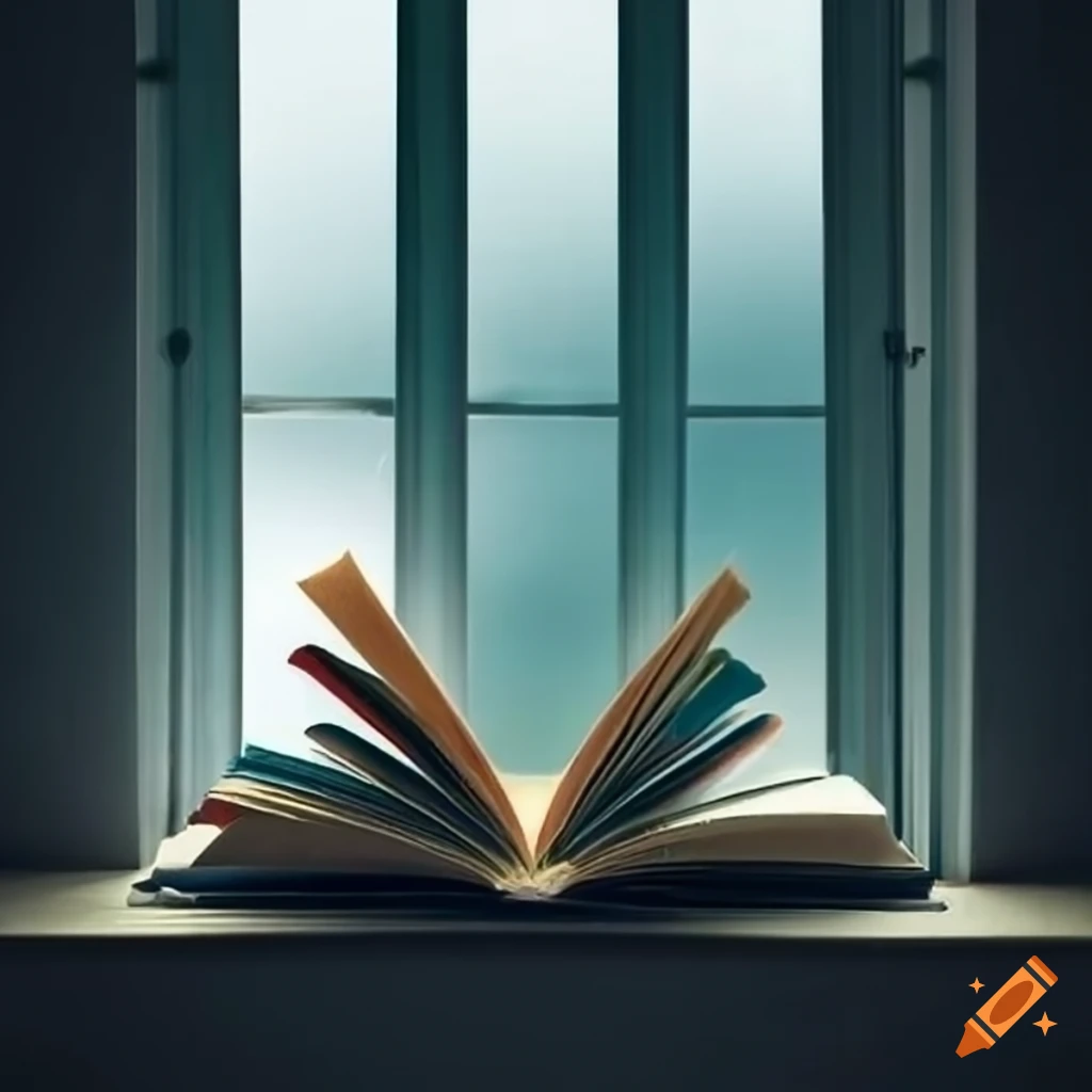 Open book on windowsill in front of an open window on Craiyon