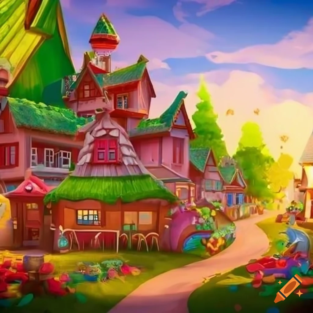 Happy and colorful fantasy village with candy and playgrounds on Craiyon