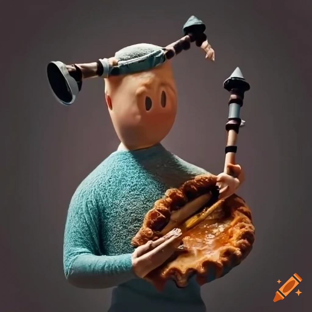 Pi pie in the background with a person playing a pipe instrument on Craiyon