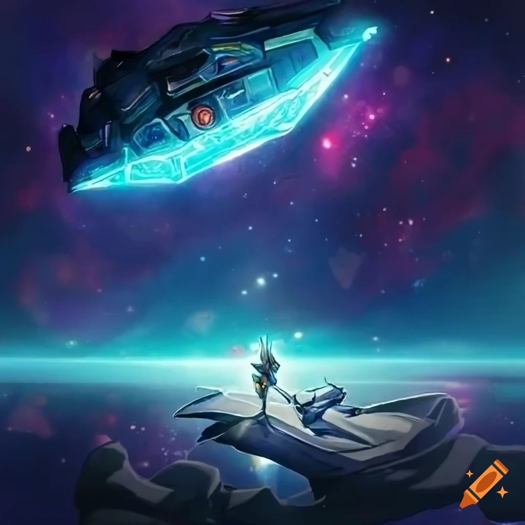 Yugioh artwork of a stranded spaceship on the horizon on Craiyon