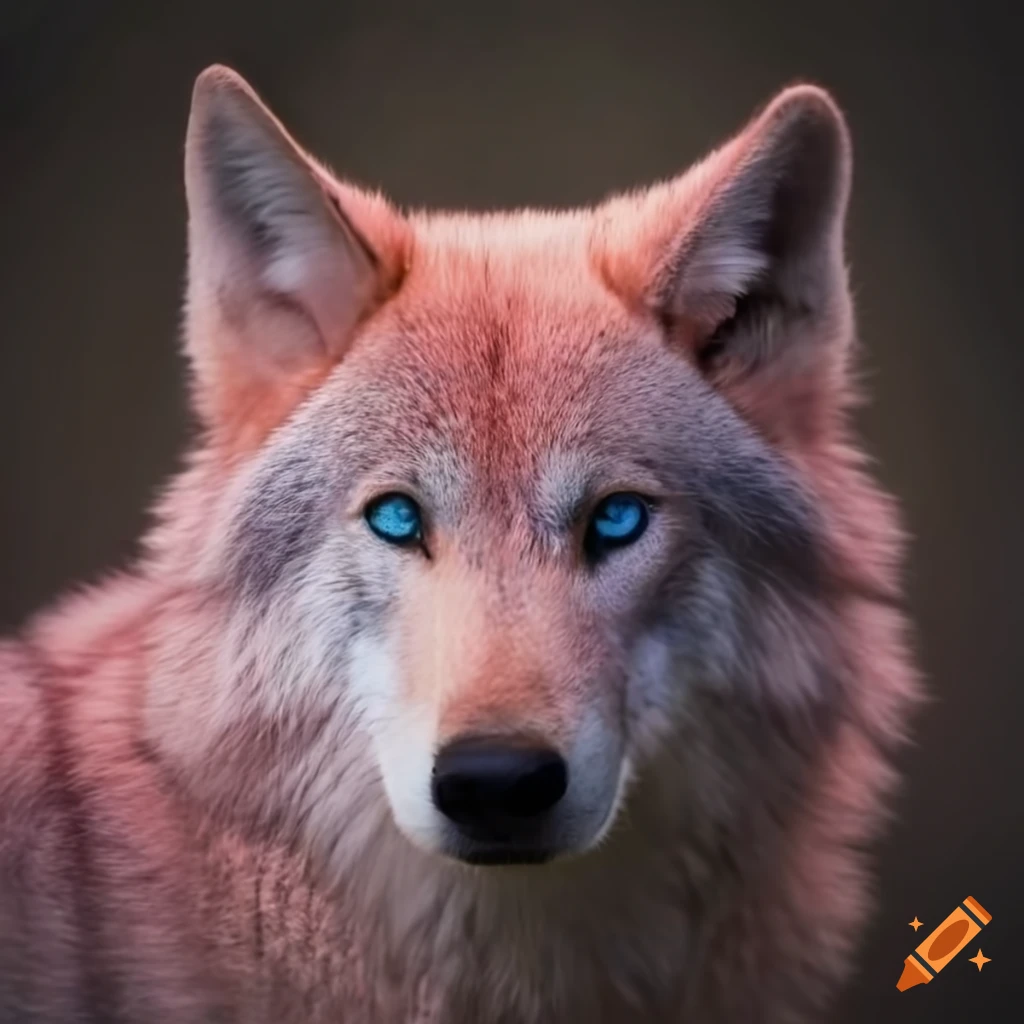 Close-up of a light pink wolf with blue eyes on Craiyon
