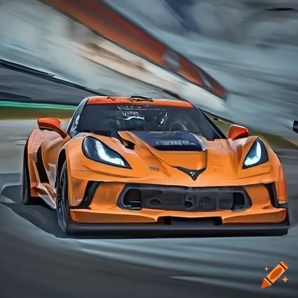 Orange c7 corvette racing at sebring race track on Craiyon