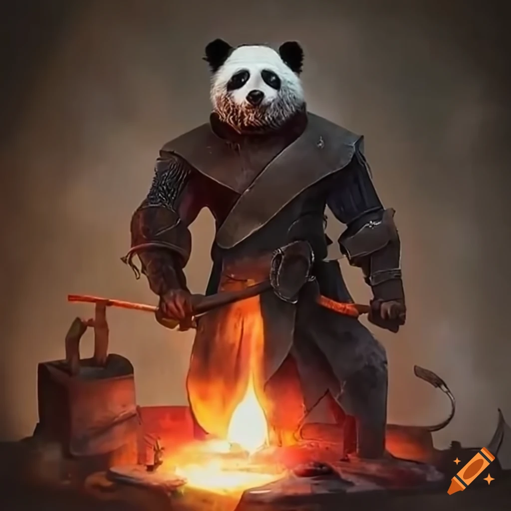 Legendary panda man blacksmith forging armors in a traditional forge on ...