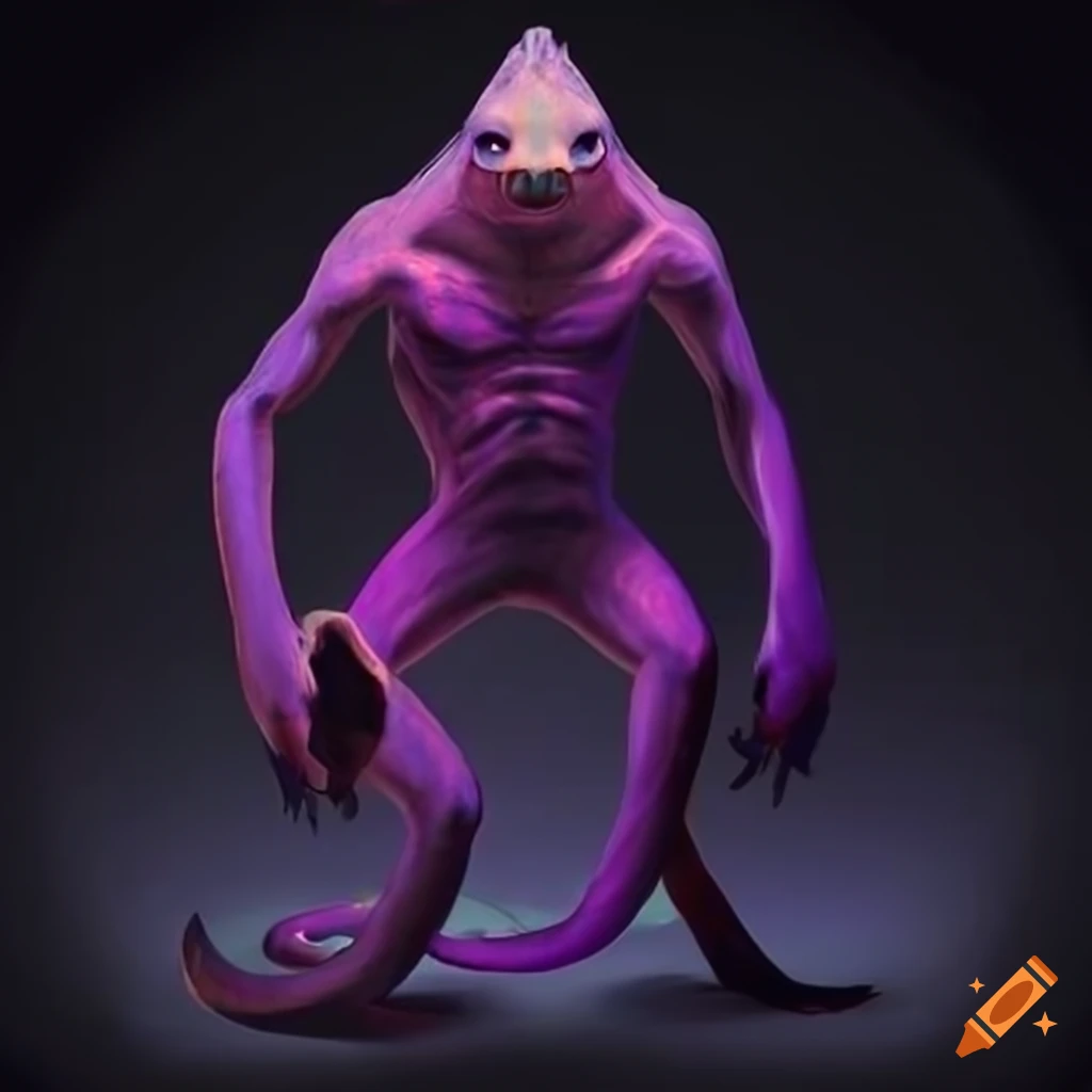 Dark purple humanoid creature with reptilian features and glowing ...