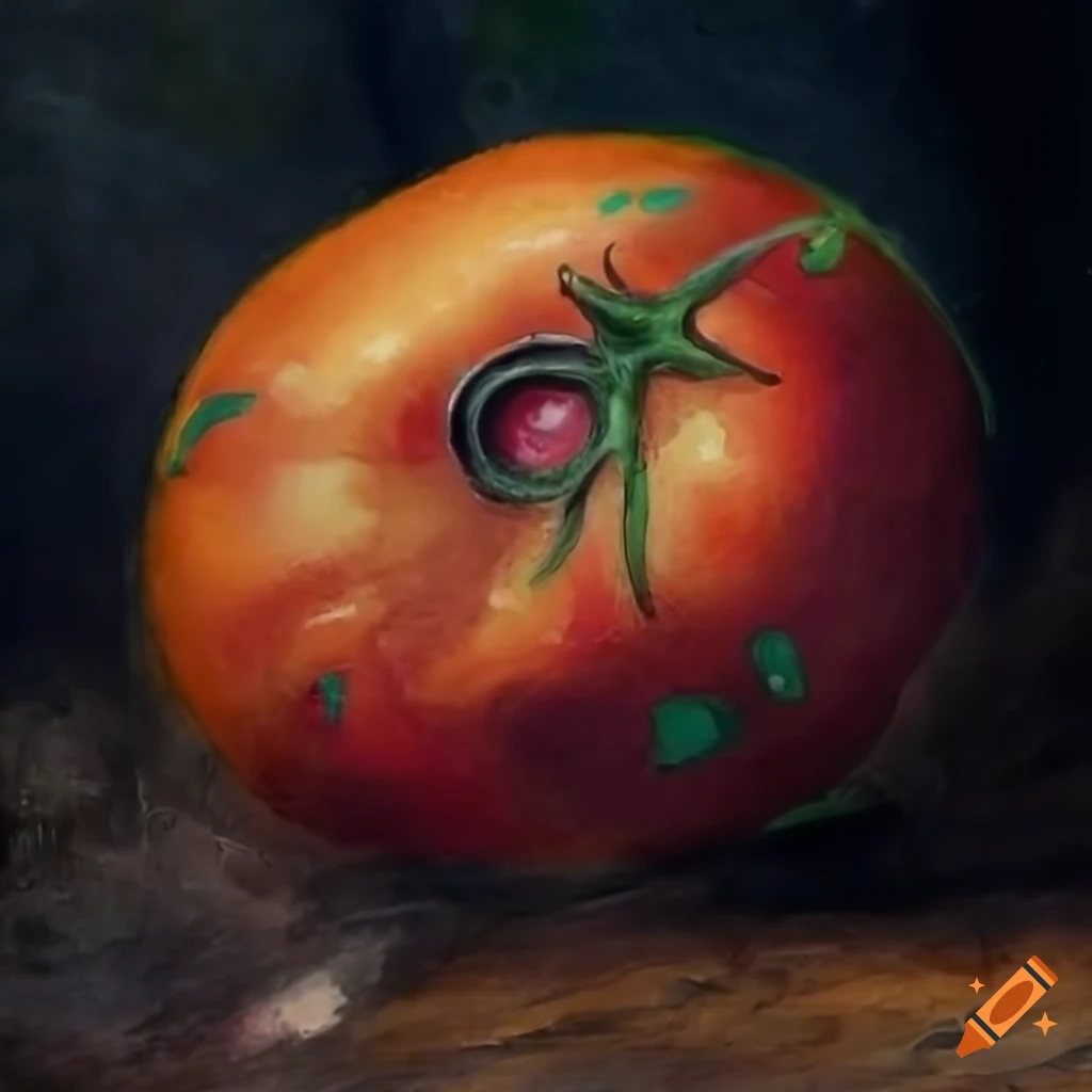 Close-up portrait of the rotten tomato fruit monster in micro ...