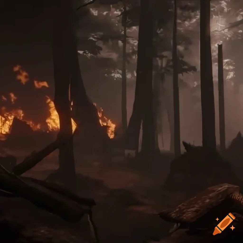 Fire and smoke on wood in a forest at night created in unreal engine 5 ...
