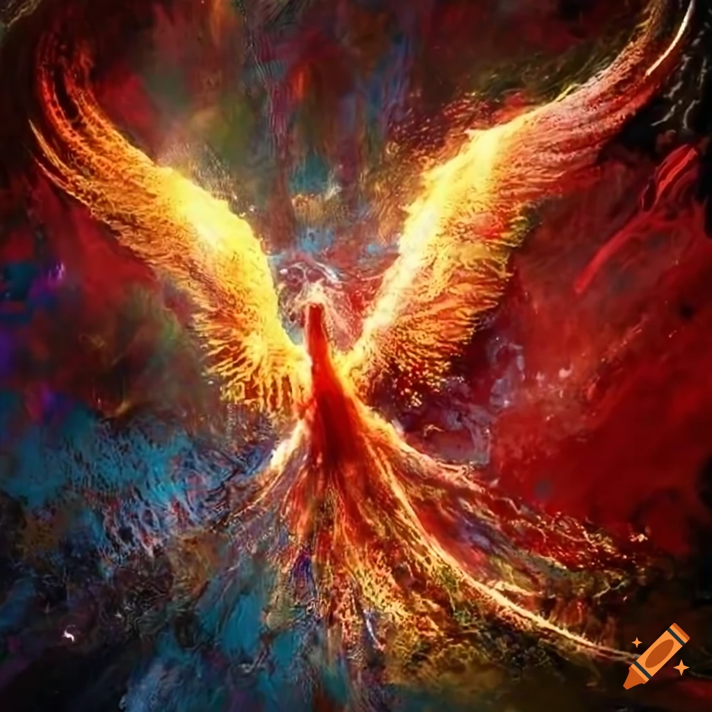 Abstract splatter painting of a majestic golden phoenix rising from ...