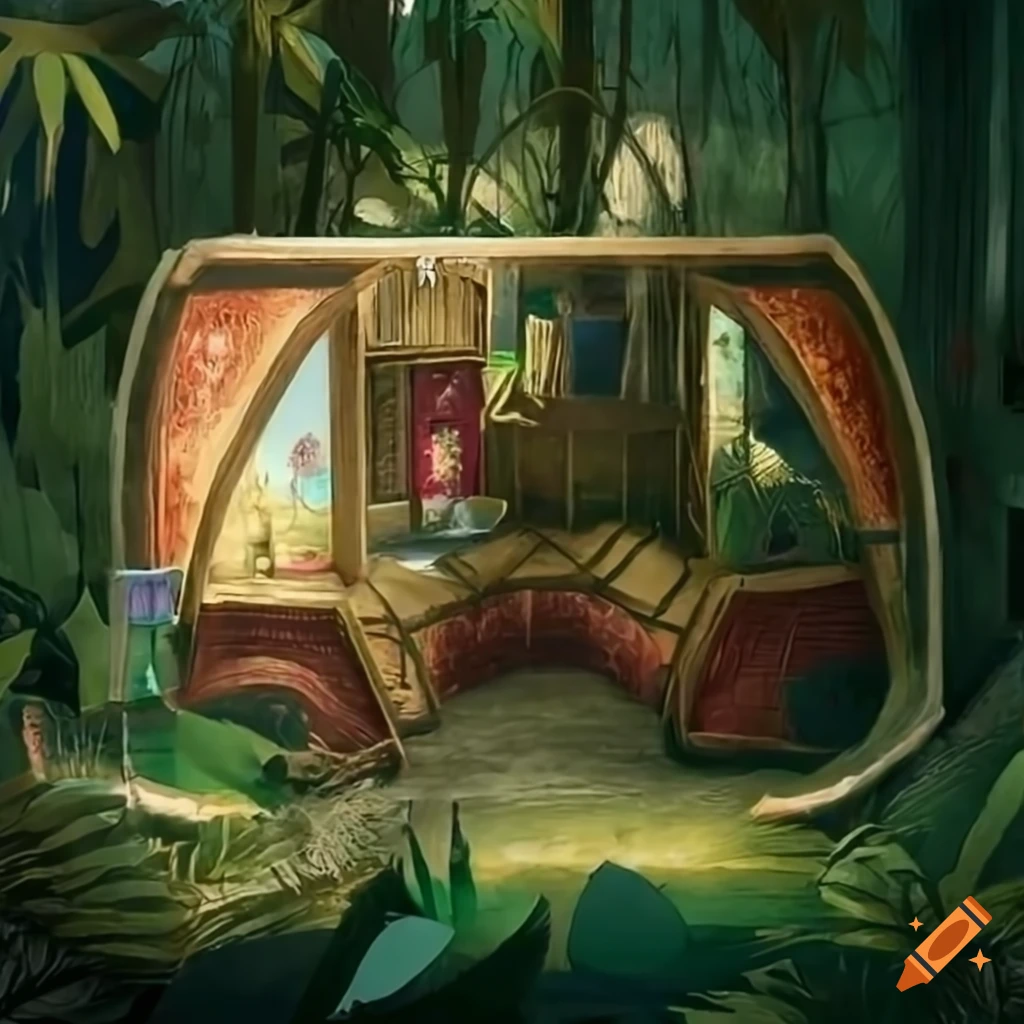 Art studio in a pod surrounded by foliage in a solarpunk setting on Craiyon