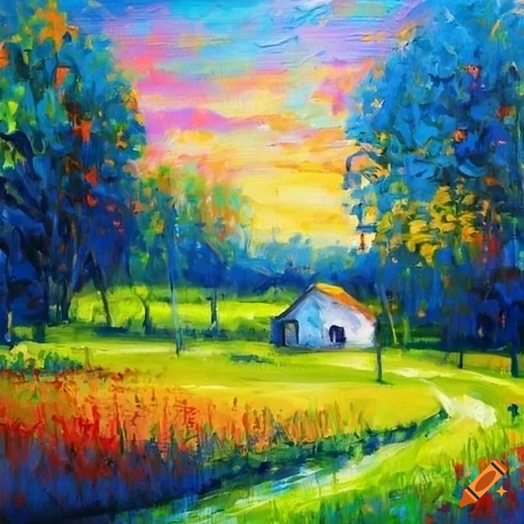 Vivid and uplifting countryside painting on Craiyon