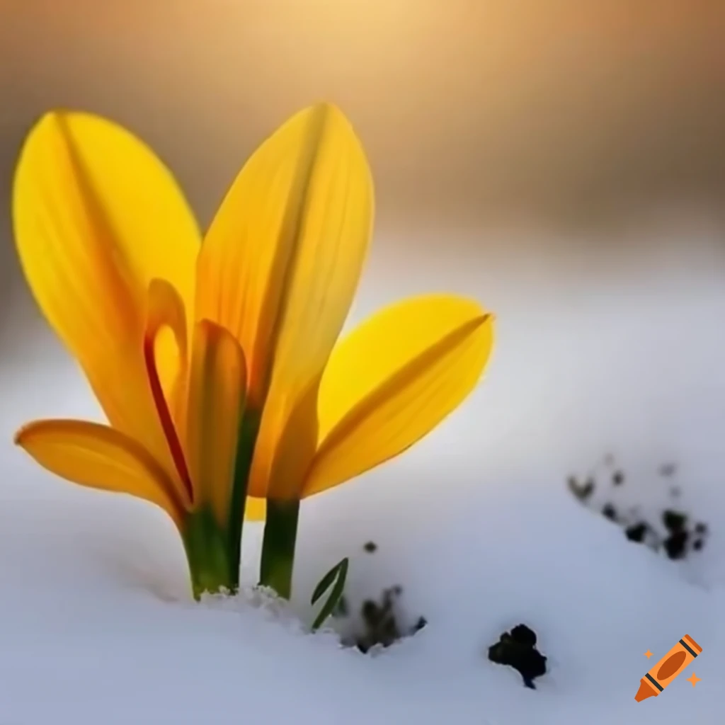 Spring flowers rising through melting snow in a field towards the sun ...