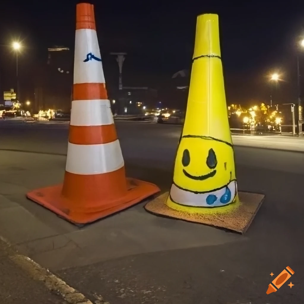 Yellow smiley face on a traffic cone in Manchester at night on Craiyon