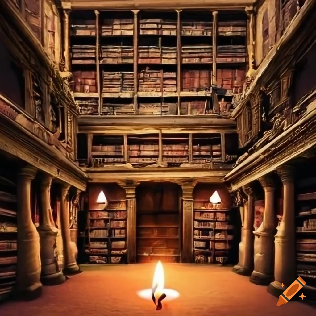 Interior of a candle-lit medieval library with 10 stories on Craiyon