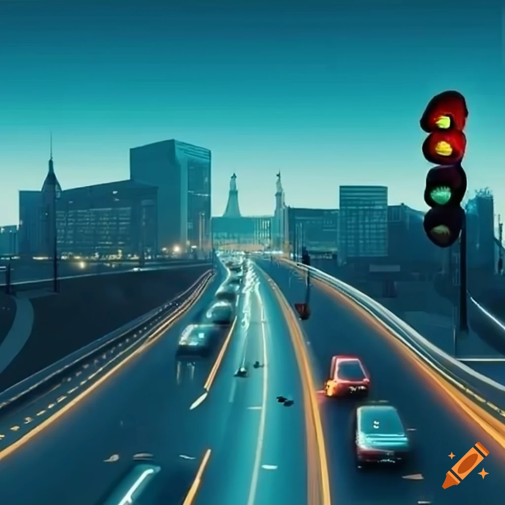 Animated landscape of Potsdamer Platz highway with traffic and lights ...