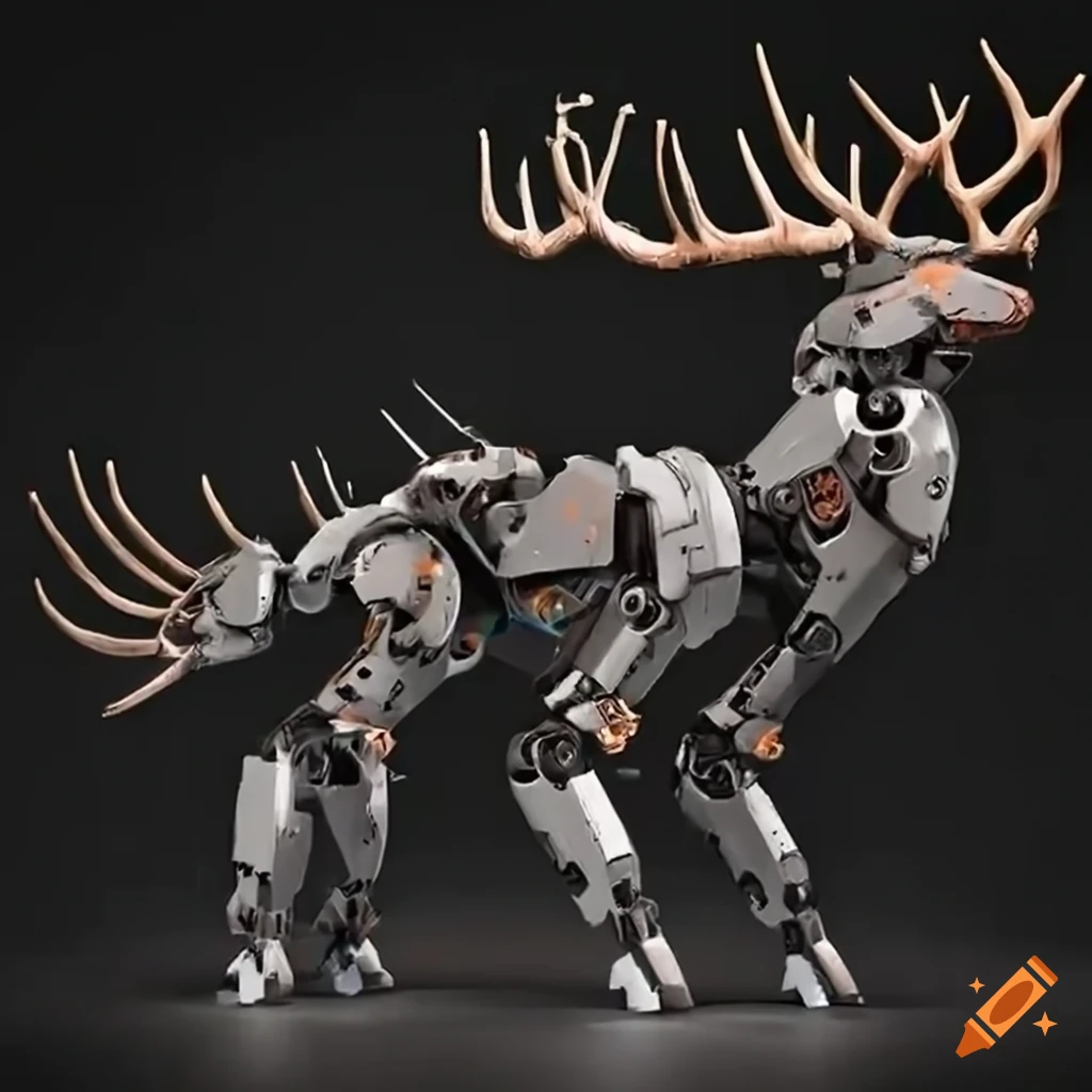 Intricately detailed mechanical robotic giant elk with glowing eyes for ...